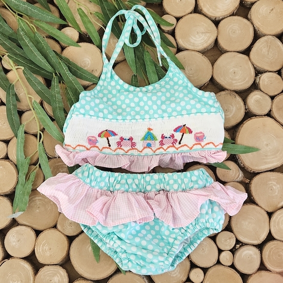 busy bee smocks | Swim | Busy Bee Smocks Embroidered Beach Scene ...